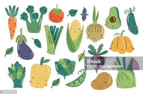 벡터 야채 아이콘만화 스타일로 설정합니다 레스토랑 메뉴 시장 라벨에 대한 컬렉션 팜 제품 가지 채소에 대한 스톡 벡터 아트 및 기타 이미지 Istock
