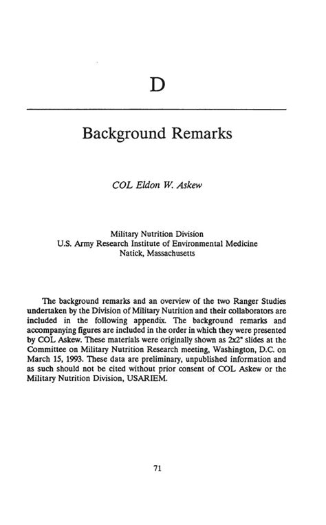 APPENDIX D Background Remarks Review Of The Results Of Nutritional Intervention U S Army