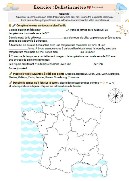 Exercice Fle Bulletin Météo Et Carte De France à Compléter