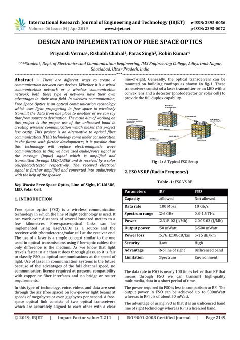 Irjet Design And Implementation Of Free Space Optics Pdf Digital