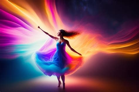 Premium Ai Image A Woman In A Blue Dress With A Rainbow Effect