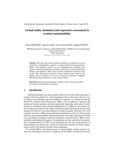 PDF Virtual Reality Simulation And Ergonomics Assessment In Aviation