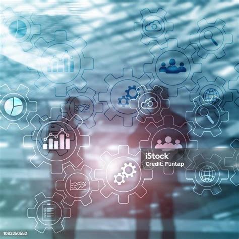 기어와 아이콘 비즈니스 프로세스 개요 다이어그램입니다 워크플로 및 자동화 기술 개념입니다 개선에 대한 스톡 사진 및 기타 이미지 Istock