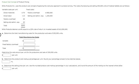 Solved Product Cost Concept Of Product Pricing Willis Chegg Com