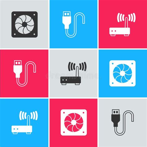 Set Computer Cooler Usb Cable Cord And Router And Wi Fi Signal Icon