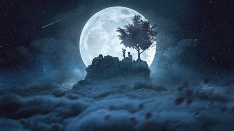 Wallpaper Silhouettes Moon Night Peak Starry Sky Full Moon Hd