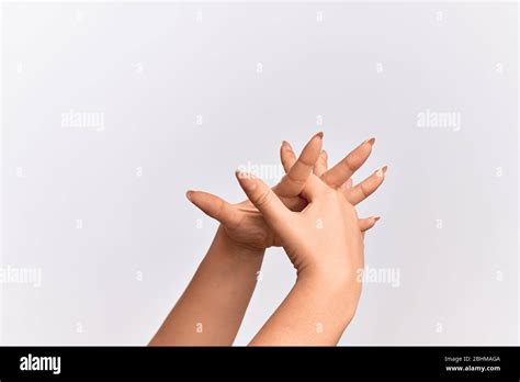 Hand Of Caucasian Young Woman Stretching With Fingers Intertwined