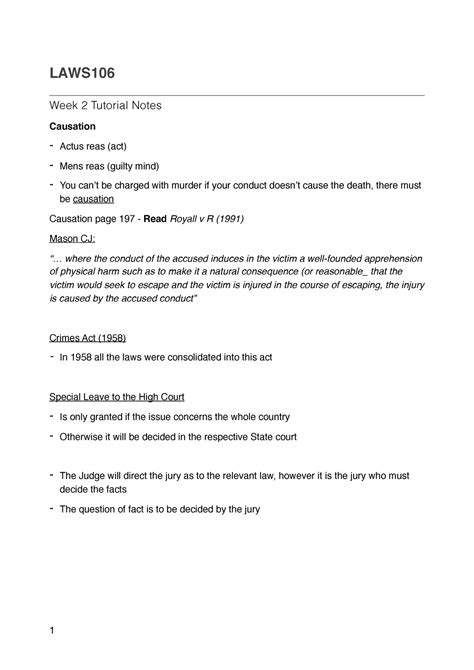 Week 2 Tutorial Notes Laws Week 2 Tutorial Notes Causation Actus