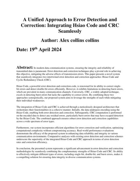 Pdf A Unified Approach To Error Detection And Correction Integrating Hsiao Code And Crc