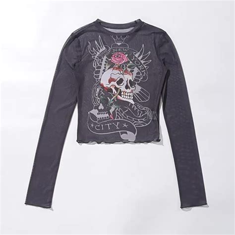 2024 Spring Mesh See Through Fashion Skull Printed Pullover Top Sexy