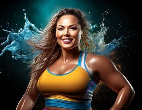 Confident Plus Size Female Athlete Smiling In Sportswear Embracing