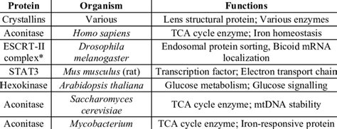 A Selection Of Established Moonlighting Proteins In Different Kingdoms