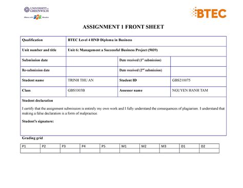 5039 Asm1 Pass Assignment 1 Front Sheet Qualification Btec Level 4 Hnd Diploma In Business