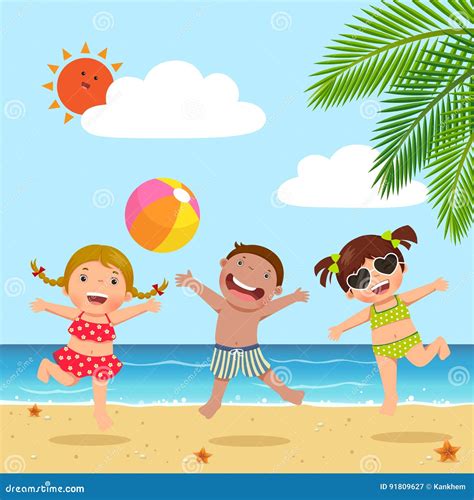 Crianças Felizes Que Saltam Na Praia Ilustração Do Vetor Ilustração