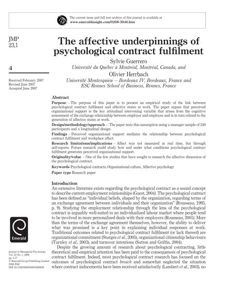 Pdf The Affective Underpinnings Of Psychological Contract Fulfilment