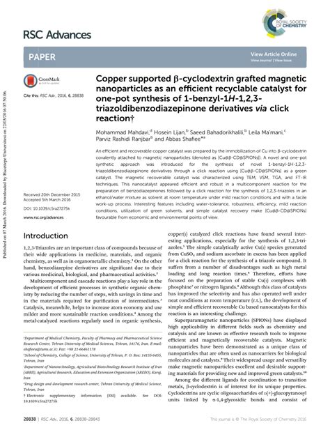 Pdf Cupper Supported β Cyclodextrin Grafted Magnetic Nanoparticles As An Efficient Recyclable