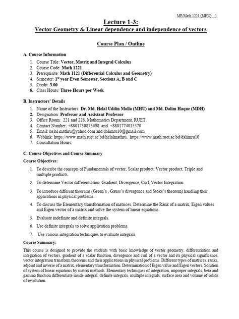 Lecture 1 3 Vector Geometry Pdf Integral Matrix Mathematics