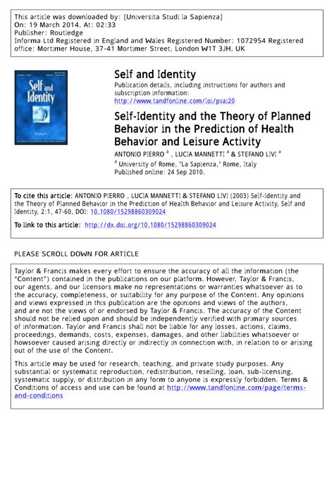 Pdf Self Identity And The Theory Of Planned Behavior In The Prediction Of Health Behavior And