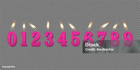 벡터 3d 현실적인 파라핀 또는 왁스 굽기 분홍색 생일 파티 촛불 숫자 및 촛불 아이콘 세트의 다른 불꽃이 격리되어 있습니다 디자인 서식 파일 클립 아트 생일 개념 상위 뷰