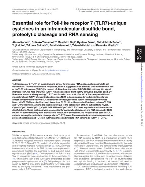 Pdf Essential Role For Toll Like Receptor 7 Tlr7 Unique Cysteines