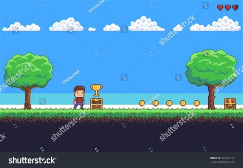 Pixel Art Game Scene With Ground Grass Trees Sky Clouds Character Coins Treasure Chests