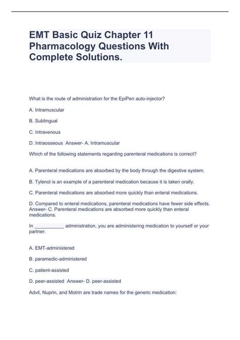EMT Basic Quiz Chapter 11 Pharmacology Questions With Complete Solutions EMT Pharmacology