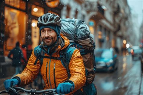 Premium Photo Man Riding Bike Down Rainsoaked Street