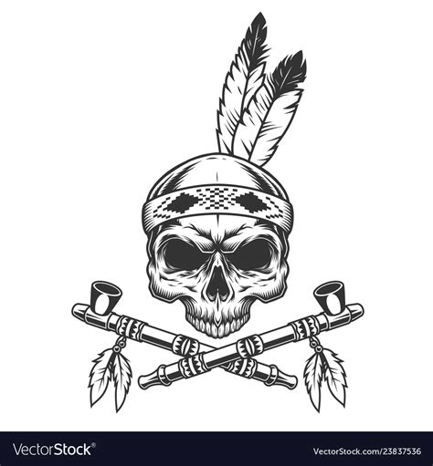 Vintage Monochrome Skull With Indian Feathers Vector Image