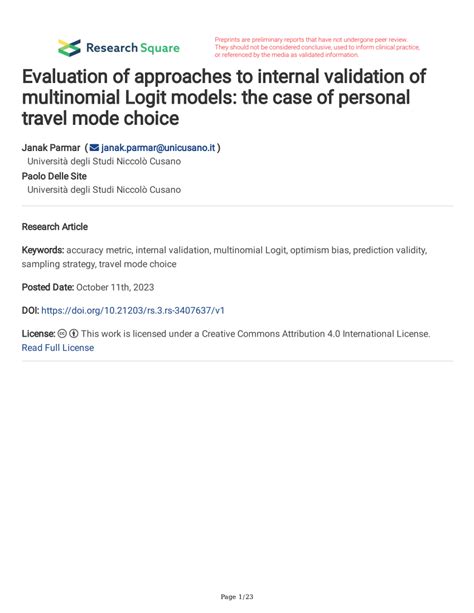 Pdf Evaluation Of Approaches To Internal Validation Of Multinomial Logit Models The Case Of