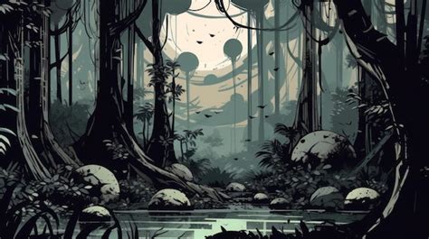 Un Bosque Oscuro Con Un Lago Y árboles Al Fondo Foto Premium