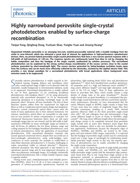Pdf Highly Narrowband Perovskite Single Crystal Photodetectors Enabled By Surface Charge