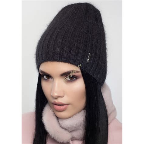 Шапка жіноча біні без відворота вязана ангора колір антрацит ‣ціна 475грн ‣ Купити в