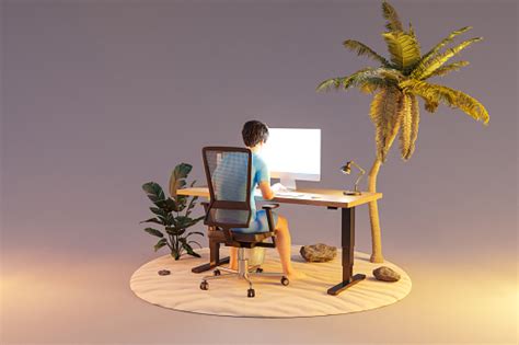 고립된 열대 섬 환경에서 Pc 사무실 작업장에 앉아 있는 남자 무한 배경 작업량 스트레스 소진 개념 3d 일러스트레이션 0명에