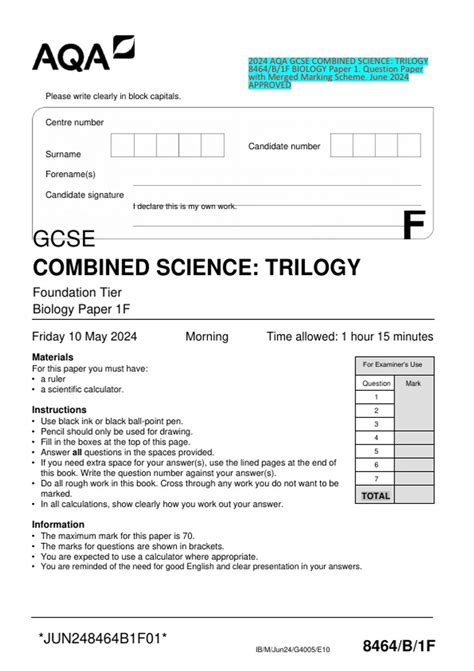 2024 Aqa Gcse Combined Science Trilogy 8464 B 1f Biology Paper 1 Question Paper With Merged