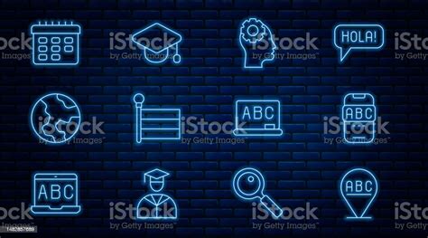 라인 알파벳 외국어 온라인 학습 내부에 기어가 있는 머리 깃발 지구 지구본 학교 시간표 칠판 및 졸업 모자 아이콘을 설정합니다 벡터 개념에 대한 스톡 벡터 아트 및 기타