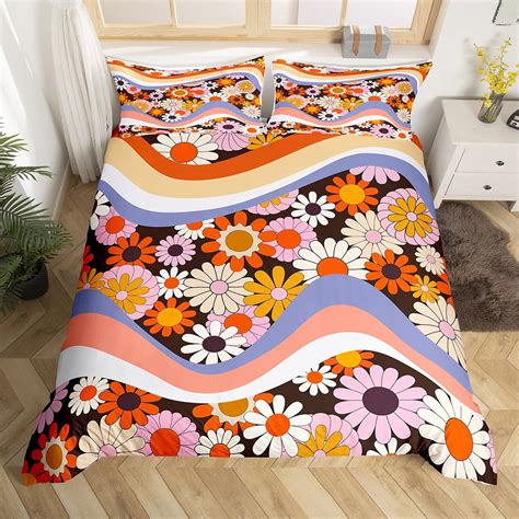 Erosebridal Boho Floral Comforter Cover Vintage Groovy Flowers Duvet