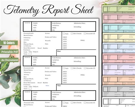 Telemetry Nurse Report Sheet Printable Sheets 10 Colours Digital Download Nurse Report