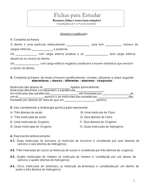 Ficha Fisico Quimica 8 Ano Atomos E Moleculas Pdf Átomos Moléculas