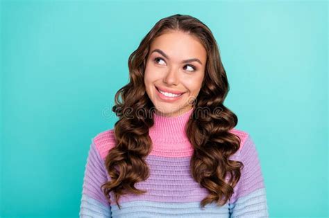 Photo Of Impressed Brunette Young Lady Look Empty Space Wear Striped