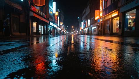 Rain Soaked Street At Night With Vibrant Neon Lights Reflecting On Wet