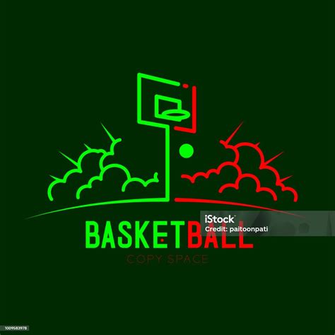 클라우드 반경 로고 아이콘 개요 획 농구 후프 대시 선 디자인 그림 어두운 녹색 배경을 농구 텍스트와 복사 공간에 격리 설정 0명에 대한 스톡 벡터 아트 및 기타 이미지