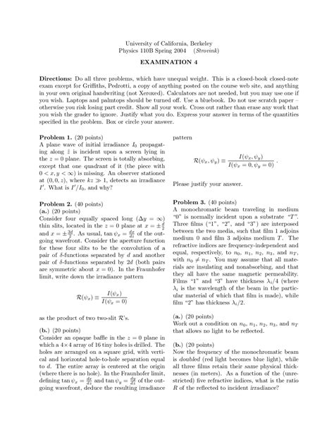 Irradiance Pattern Electromagnetism And Optics Exam Docsity