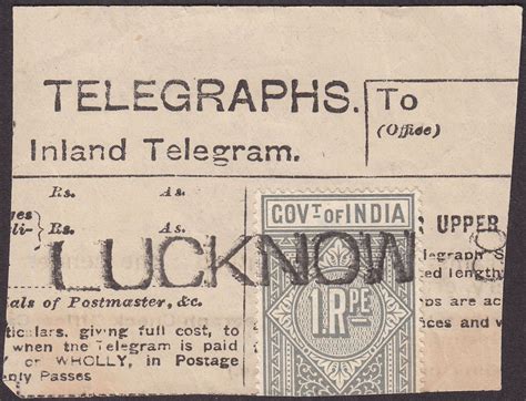 India 1890 Qv Telegraph Stamp 1r Grey Half Used On Lucknow Piece Sg