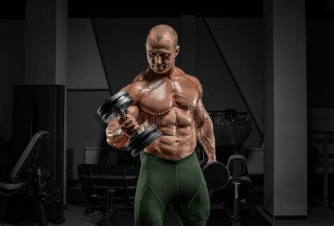 Professional Weightlifter Is Training In The Gym Dumbbell Curl Stock