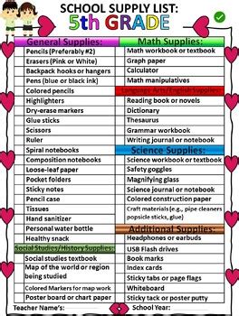 School Supply List Editable Template For 5th Grade Fifth Grade Back