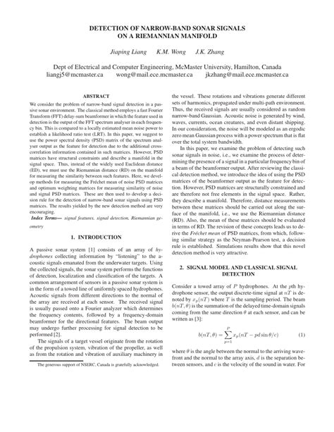 Pdf Detection Of Narrow Band Sonar Signal On A Riemannian Manifold