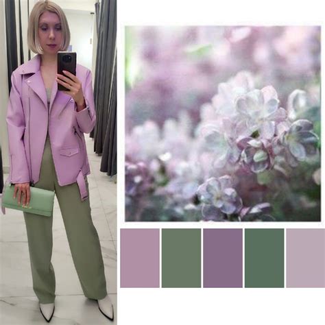 Сиреневый цвет сочетания Фиолетовая мода Цветовые сочетания Оливковое платье