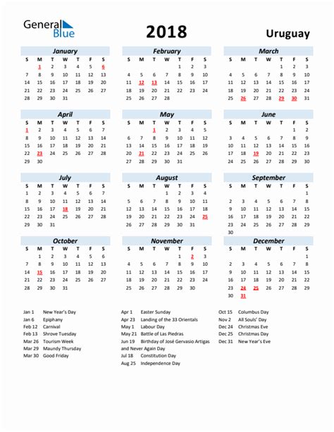 2018 Yearly Calendar For Uruguay With Holidays