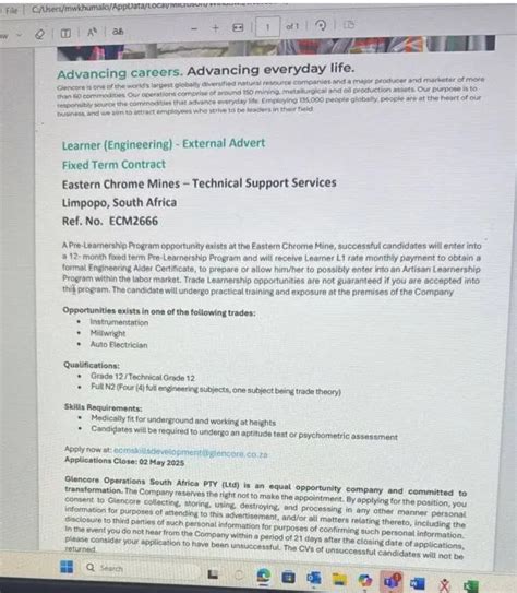 Glencore Engineering Learnership 2025 Recent Jobs