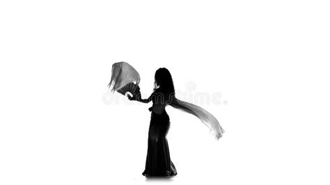 Talanted Exotic Belly Dancer Wave Her Hair Uses Fans Whirl On White